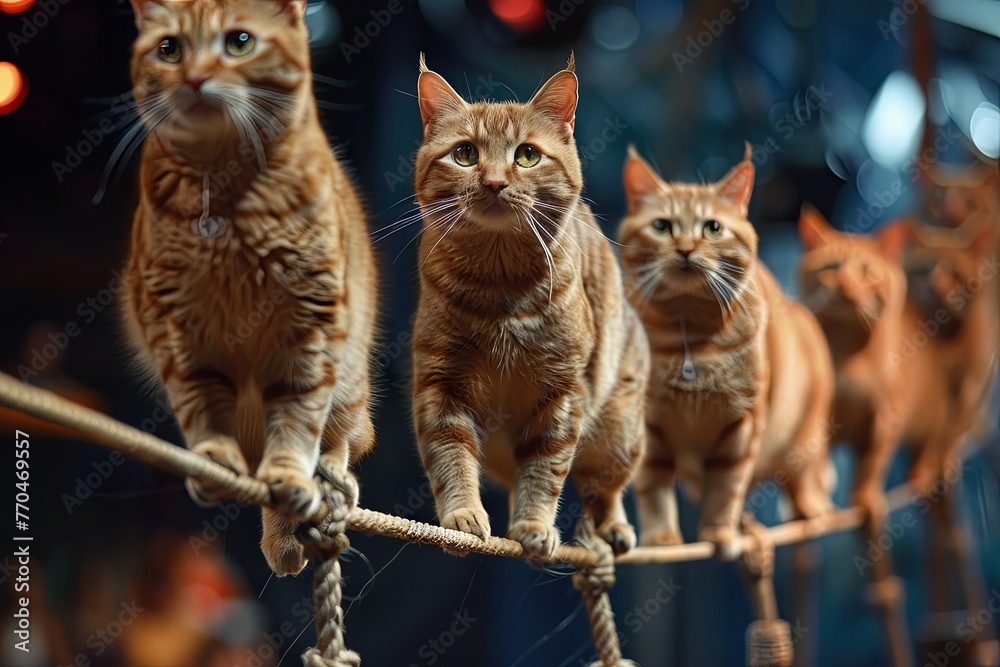 Feline Tightrope Troupe a group of agile cats balancing precariously on ...