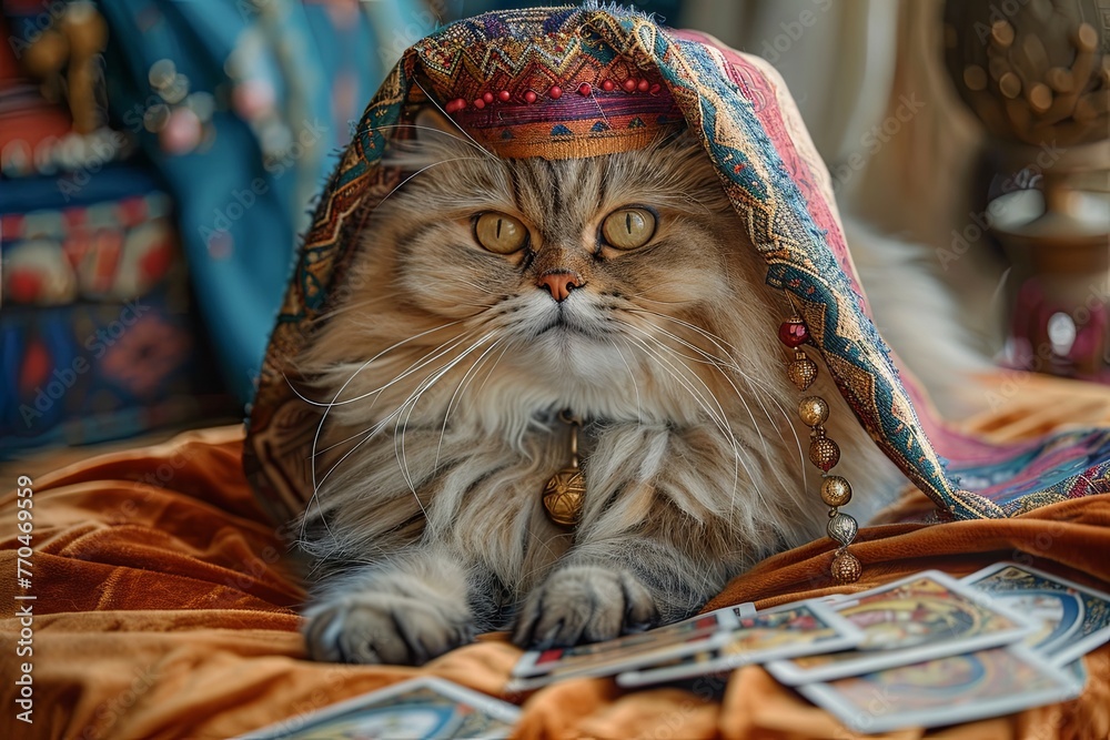 A Cat Feline Fortune Teller A regal Persian cat sits on a plush velvet ...