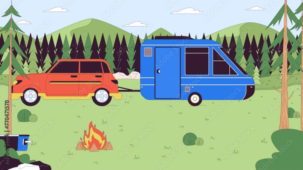 Vidéo Stock Camping trailer in forest line cartoon animation ...