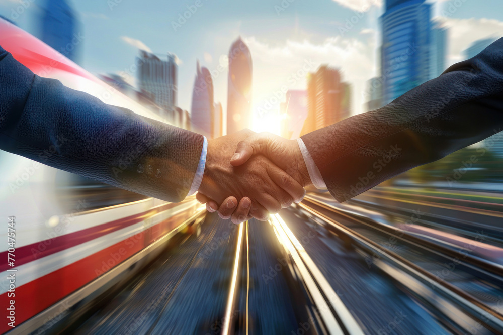 Business handshake overlay on a backdrop of a city with motion blur ...