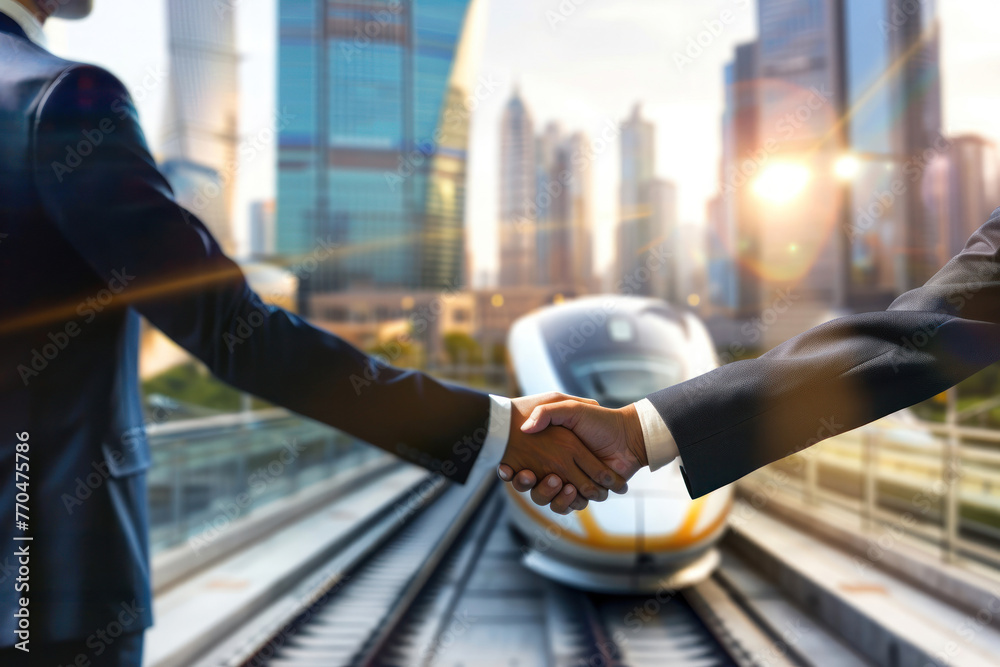 Business agreement concept showing a handshake with a high-speed train ...