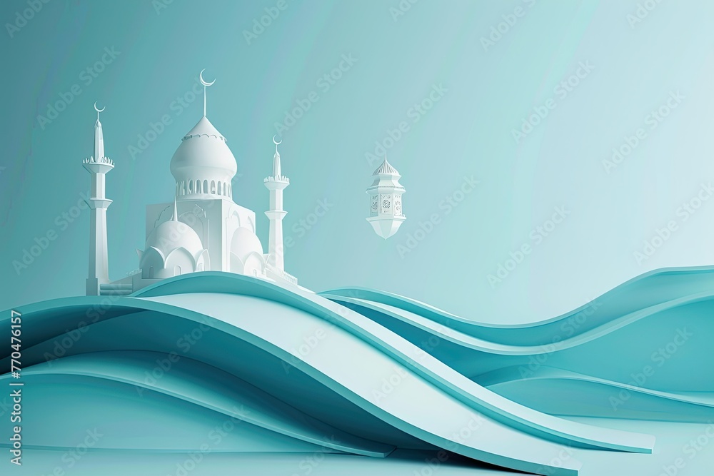 blue curved wallpaper desktop with white mosque and small islamic ...