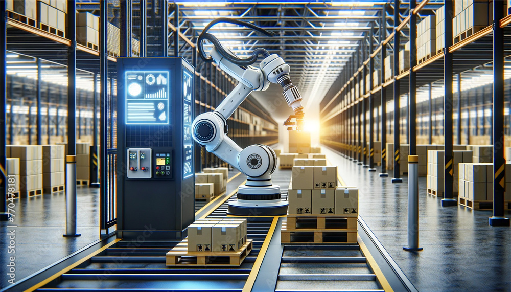 A modern robotic arm performing the painstaking work of stacking boxes ...