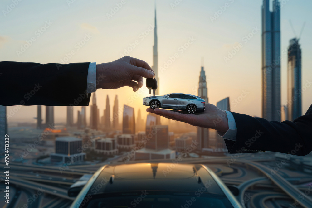 Miniature car being handed over with vast city roads and skyscrapers in ...