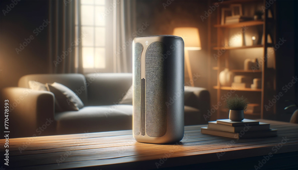 Modern portable air purifier standing in a prominent place on a wooden ...