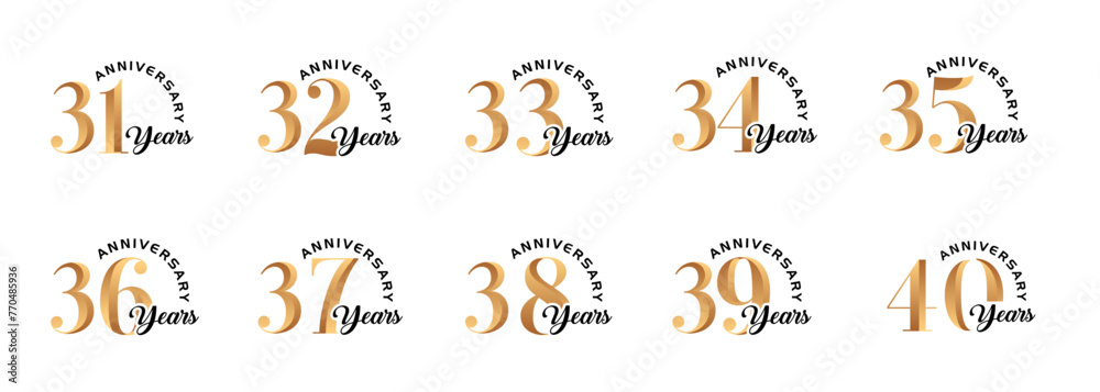 set of anniversary logos from 31 year to 40 years with gold numbers on ...