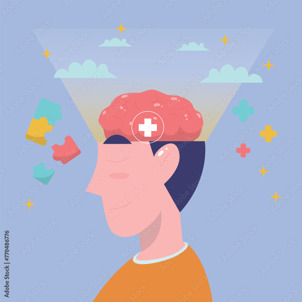 A charming illustration showing a person's profile with an open brain ...