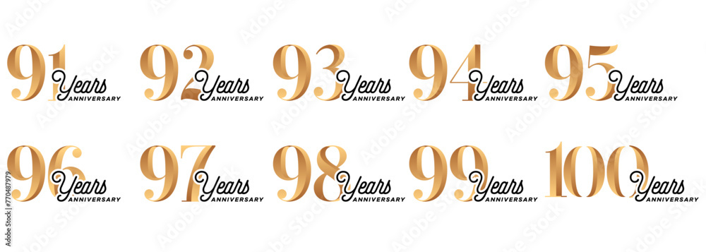 set of anniversary logos from 91 year to 100 years with gold numbers on ...