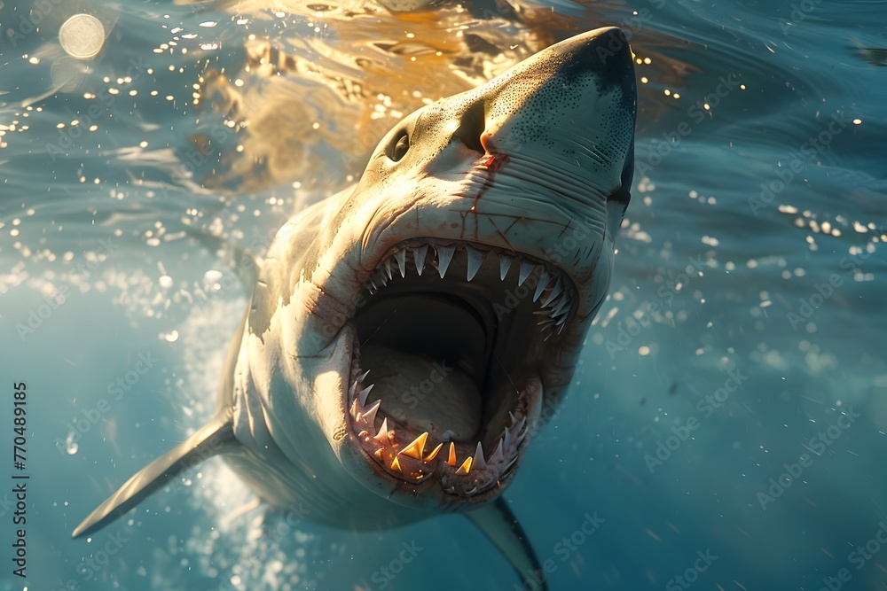 Ferocious Great White Shark Attacking with Gaping Jaws Underwater in ...
