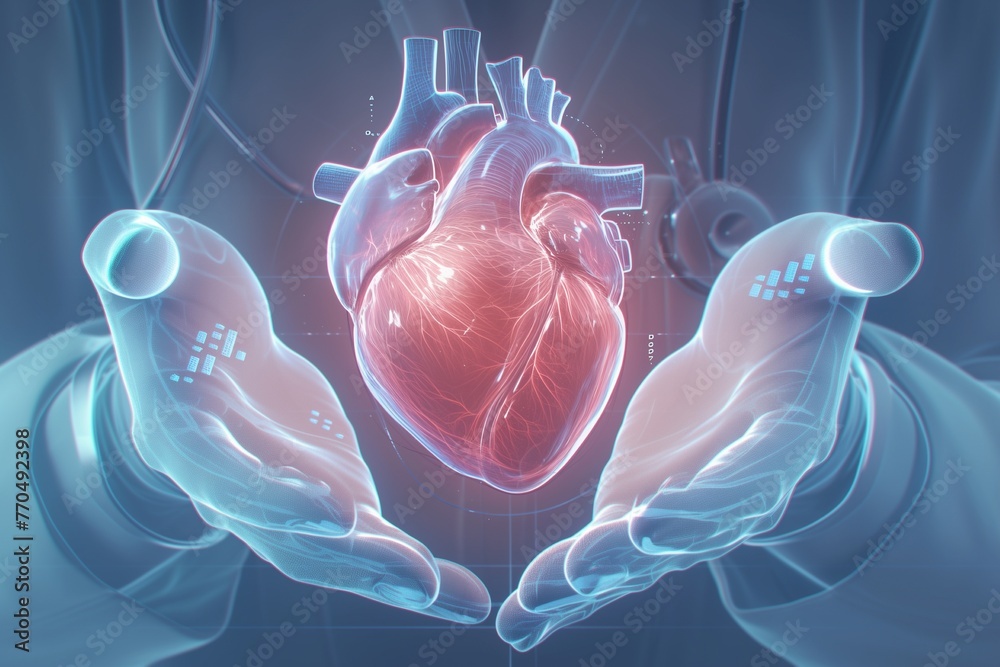 Medical doctor holding glowing virtual human heart in hands in cardio ...