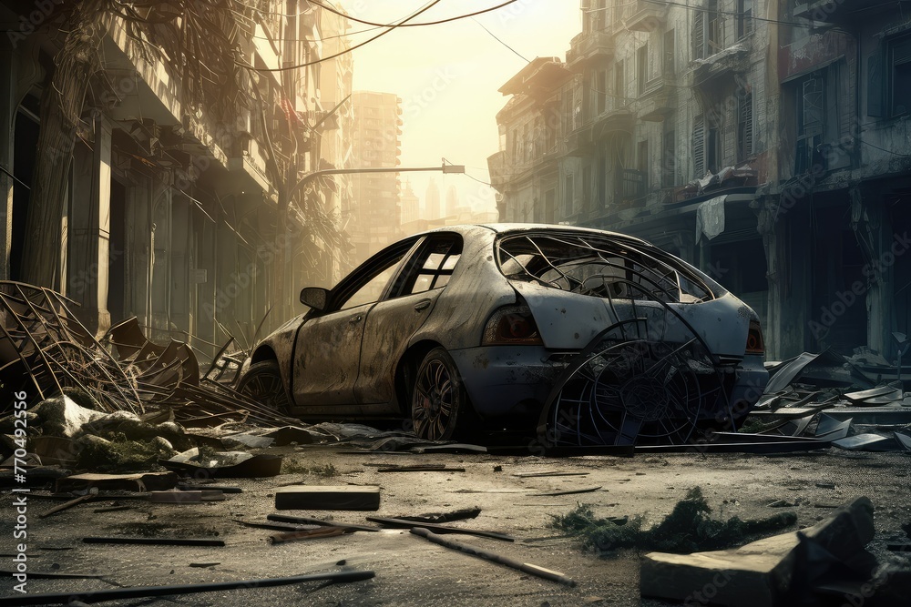 A lone car sits unmoving in the center of a war-torn street, surrounded ...