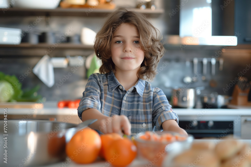 Long-haired preteen boy cooking in the kitchen. Cute child learning to ...