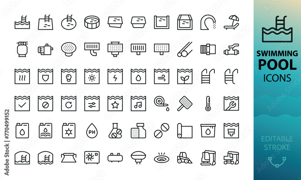 Swimming pool equipment isolated icon set. Set of heat exchanger, pump ...