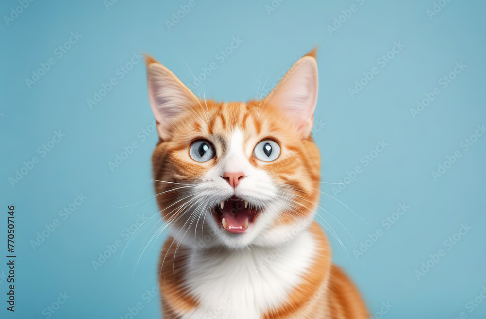 Ginger cat with mouth open looking shocked, surprised. Blue color ...