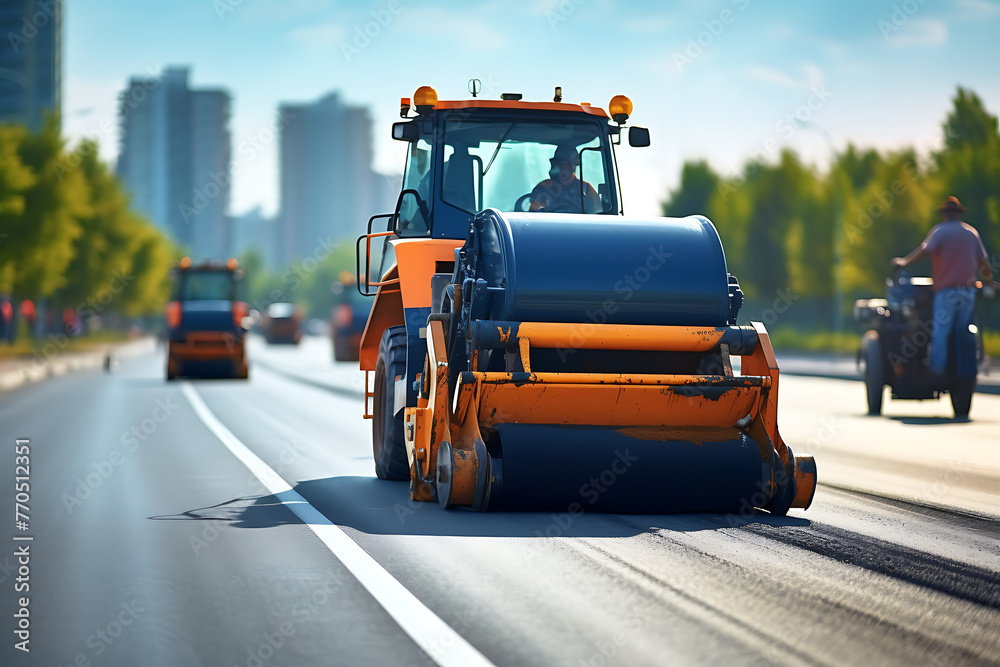 Road roller machine is carrying out asphalting of road construction ...