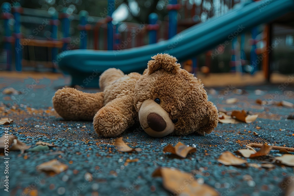 Lost teddy bear lying alone on playground floor, concept of loneliness ...