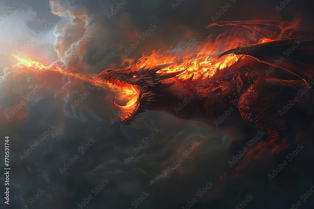Red dragon breathing fire, dark fantasy mythological creature, digital ...