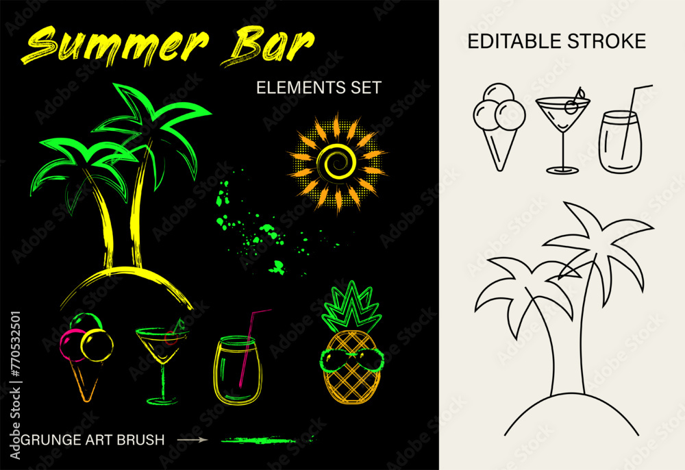 Set, clip art of summer holiday objects. Palm tree, sun icon, cocktail ...