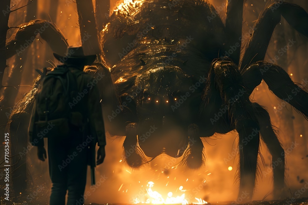 Deep within a shadowy forest, a lone ranger confronts a colossal spider ...