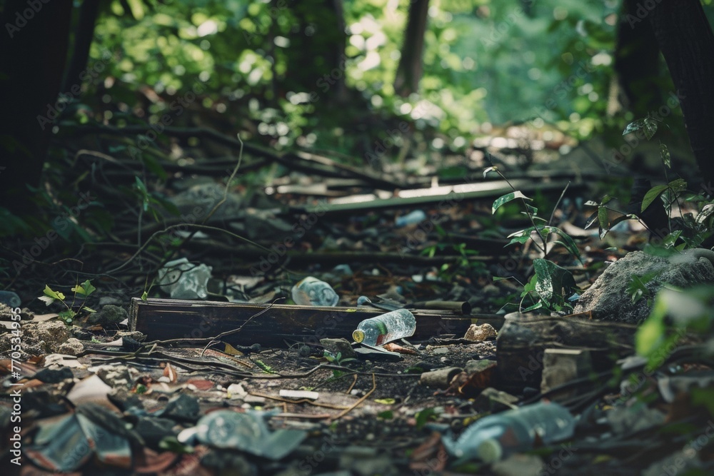Environmental neglect depicted through litter in a green natural ...