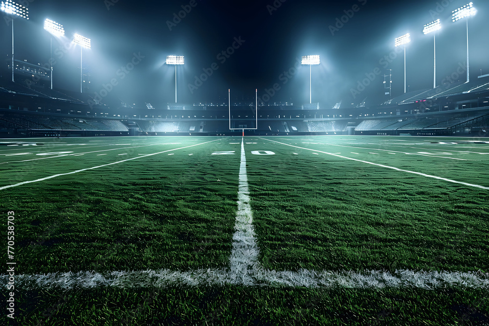 A dramatic American football field illuminated by bright stadium lights ...
