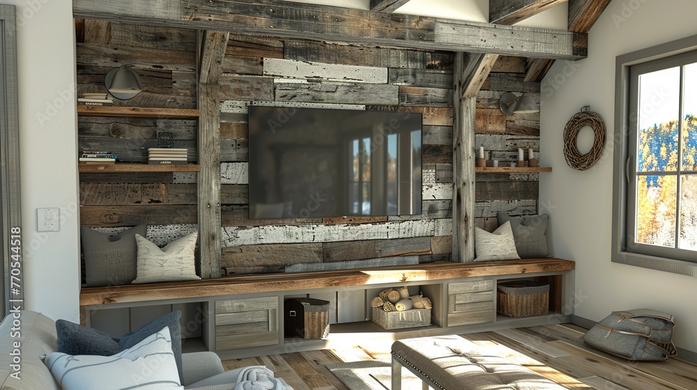 A farmhouse-style media wall with built-in storage benches below the TV ...