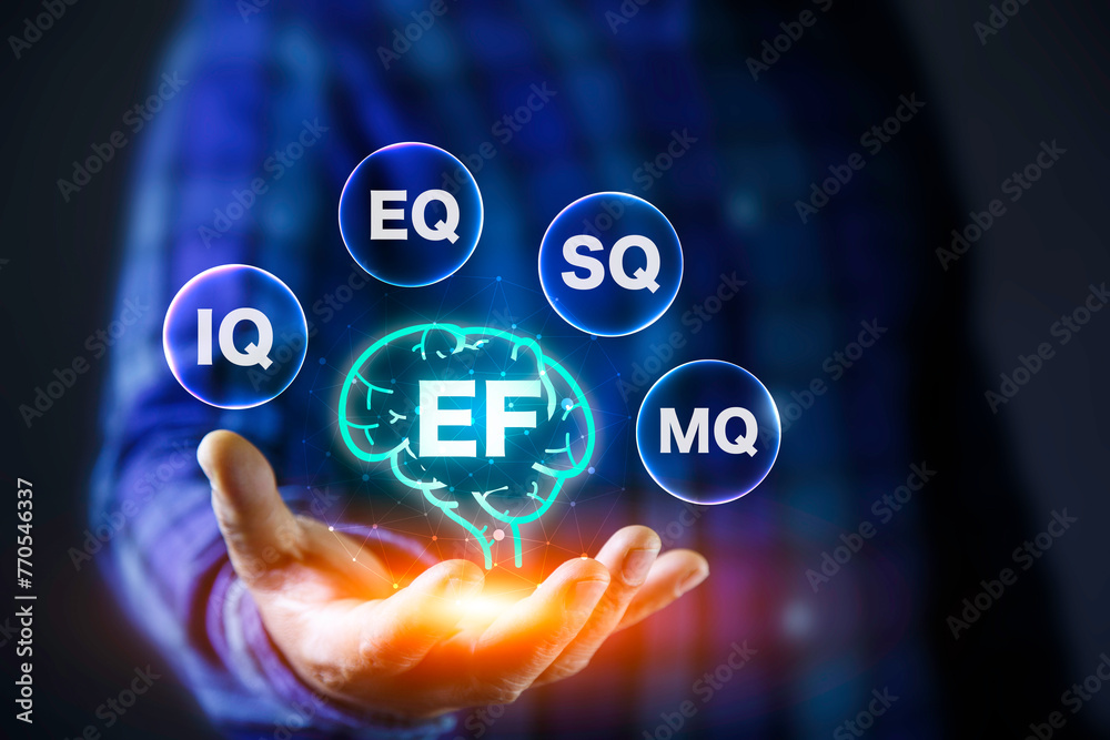 EF (Executive Functions), EF, IQ, EQ, SQ, and MQ icon at hand. Young ...