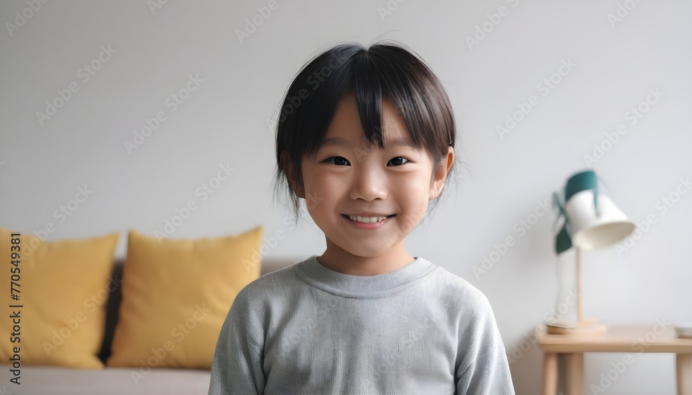 Portrait of cute Asian kid, child, on a plain white background. Simple ...