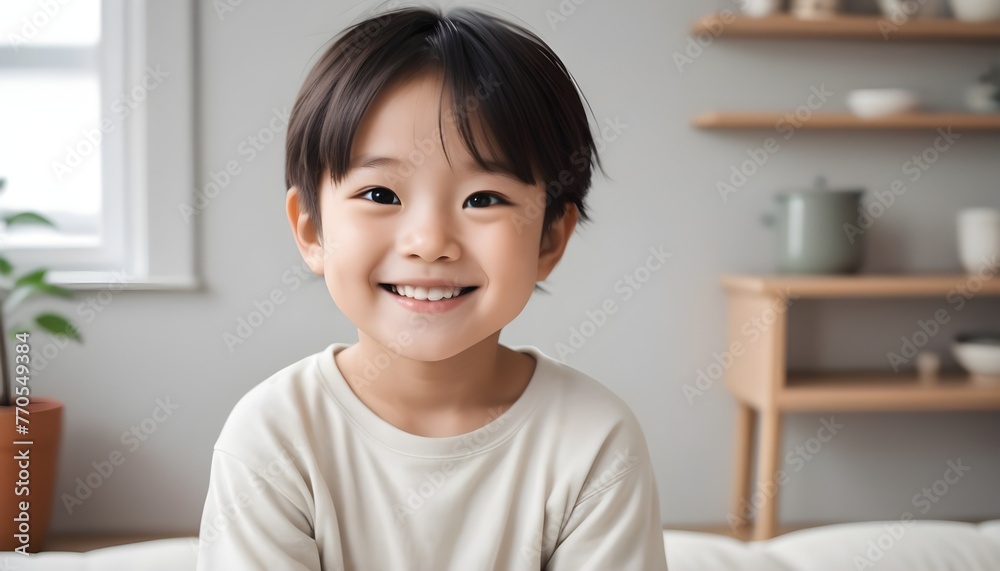 Portrait of cute Asian kid, child, on a plain white background. Simple home setting Stock Photo ...