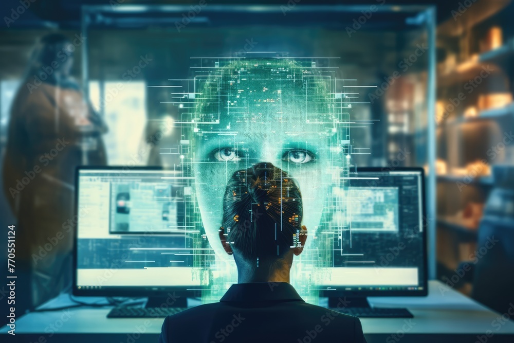 a woman looking out into a computer at an office, in the style of ...