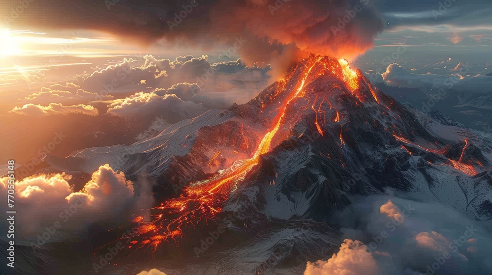 Mesmerizing view of a volcano erupting on a mountain peak, with the ...