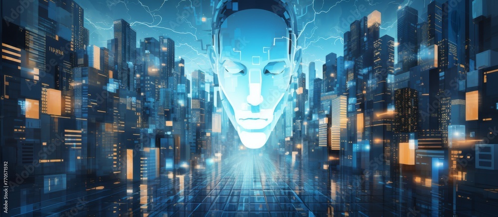 An electric blue robots face depicted in a futuristic city at midnight ...