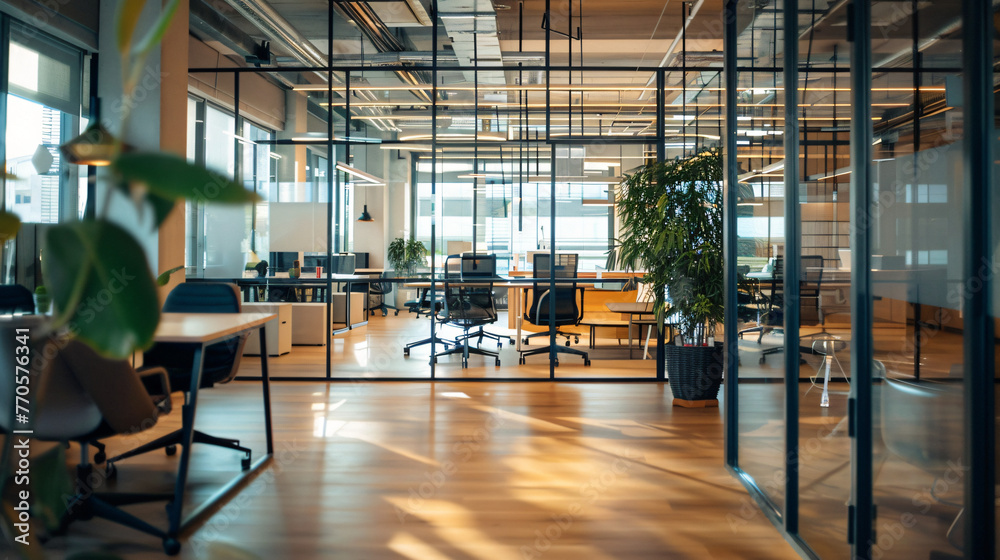 An open-plan office space with glass partitions and ergonomic furniture ...