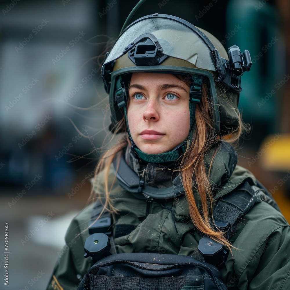 Brave young woman in bomb disposal uniform geared up for safety Stock ...