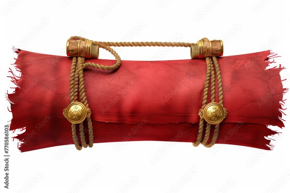 Antique red parchment scroll with gold seals and braided ropes, rolled ...
