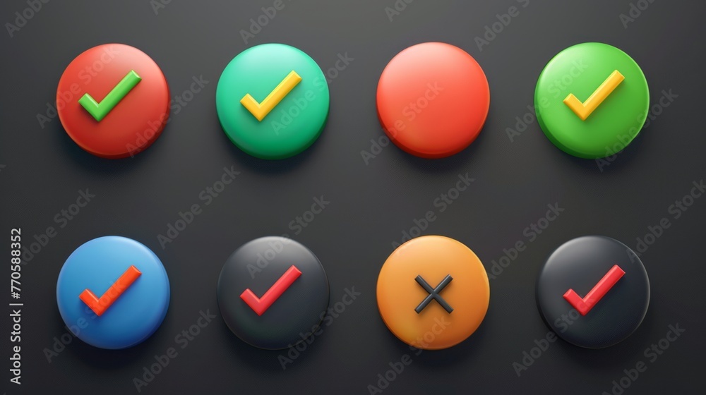 Realistic right and wrong 3D Button. A set of glossy round icons with a check mark, a sign of ...