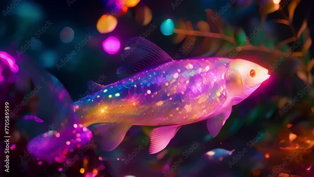 A vibrant rainbowcolored fish glows in the darkness its body adorned ...