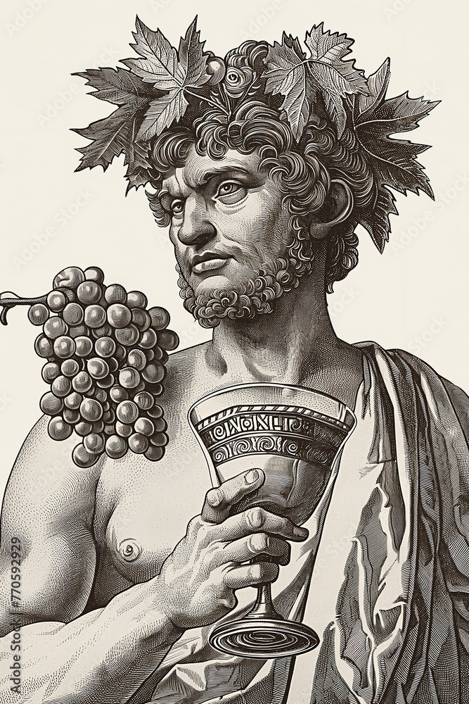 Engraved portrait of Bacchus the Roman god of wine who's father was ...