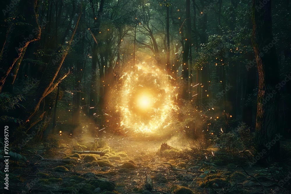 Mysterious glowing portal in dark forest with magical energy and particles, fantasy gateway ...