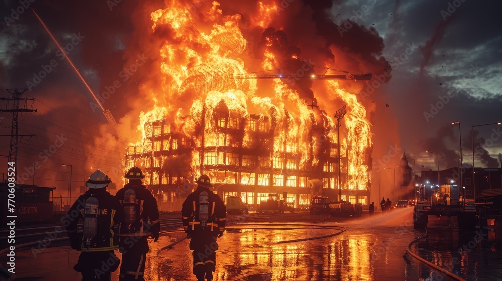 residential building burn, village. Firefighters put out a fire , The fire department putting ...