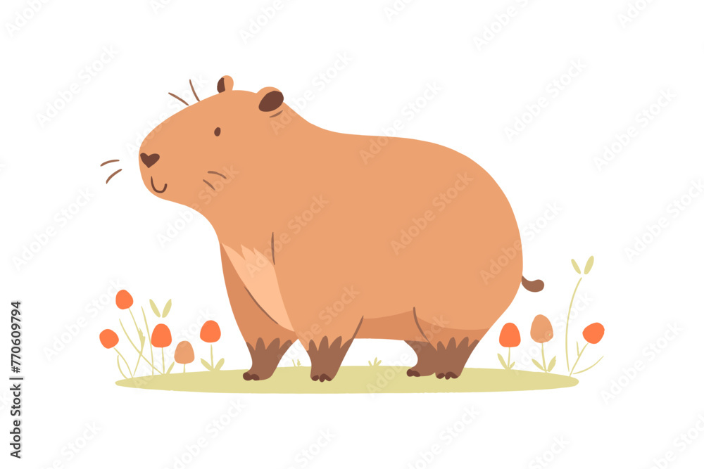 Vector illustration of a cute capybara in a field. Wild animal, flat ...