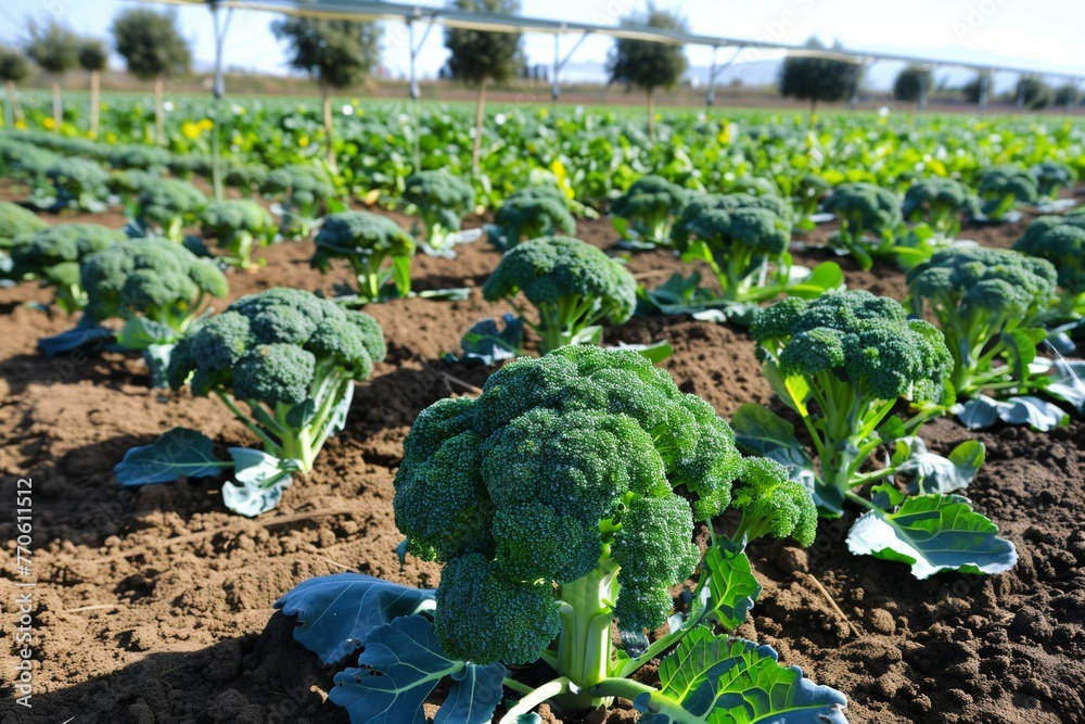 rows of broccoli plants in the soil with irrigation system overhead ...