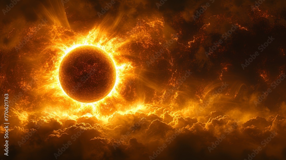 sun partially hidden behind clouds with its shadow casting a partial ...