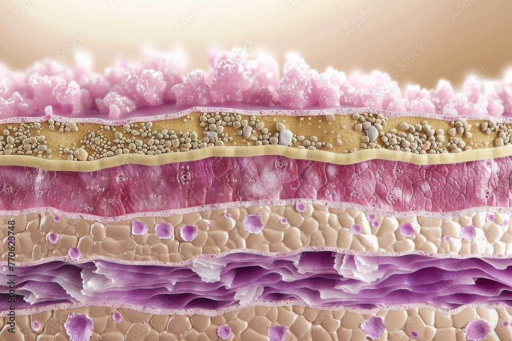 Detailed cross-section of human skin structure, 3D illustration with ...