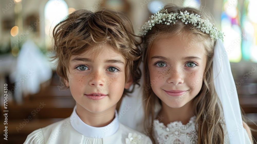 little girl and little boy with first communion dress on church Stock ...
