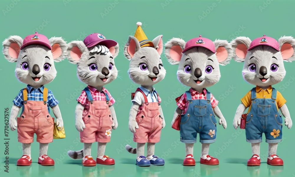 Five animated mouse characters line up, each dressed in colorful ...