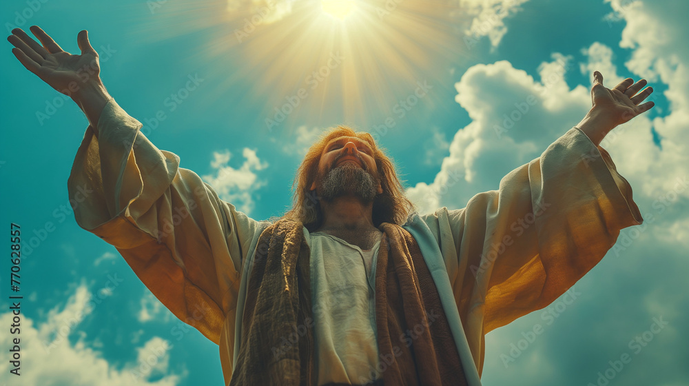 Jesus Christ with open arms reaching out in the sky, hand gestures of ...