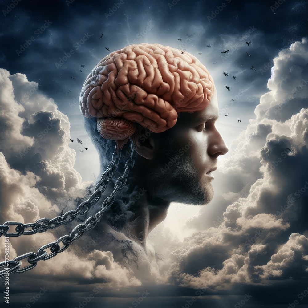 A surrealistic portrayal of a human profile with a brain exposed, bound ...