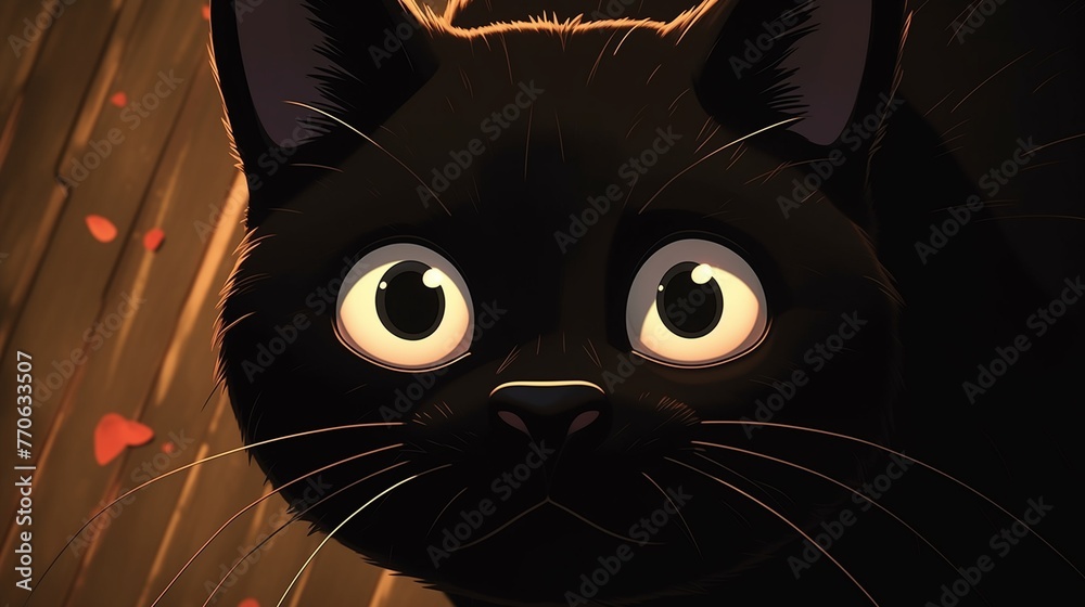 An enchanting 2D animation of a black cat characterized by its ...