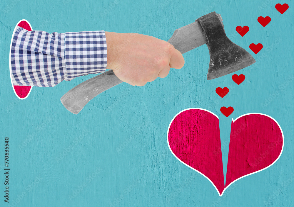 Ax and Bleeding Heart. Composite Collage. A hand is swinging an ax over ...